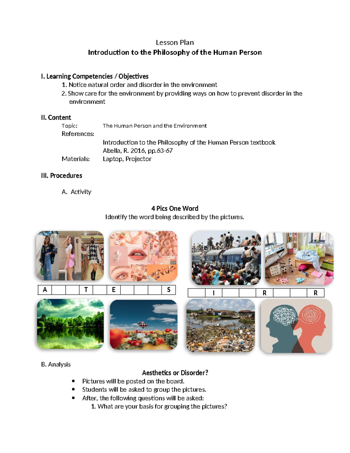 Disorder-lesson-plan - Lesson Plan Introduction to the Philosophy of ...