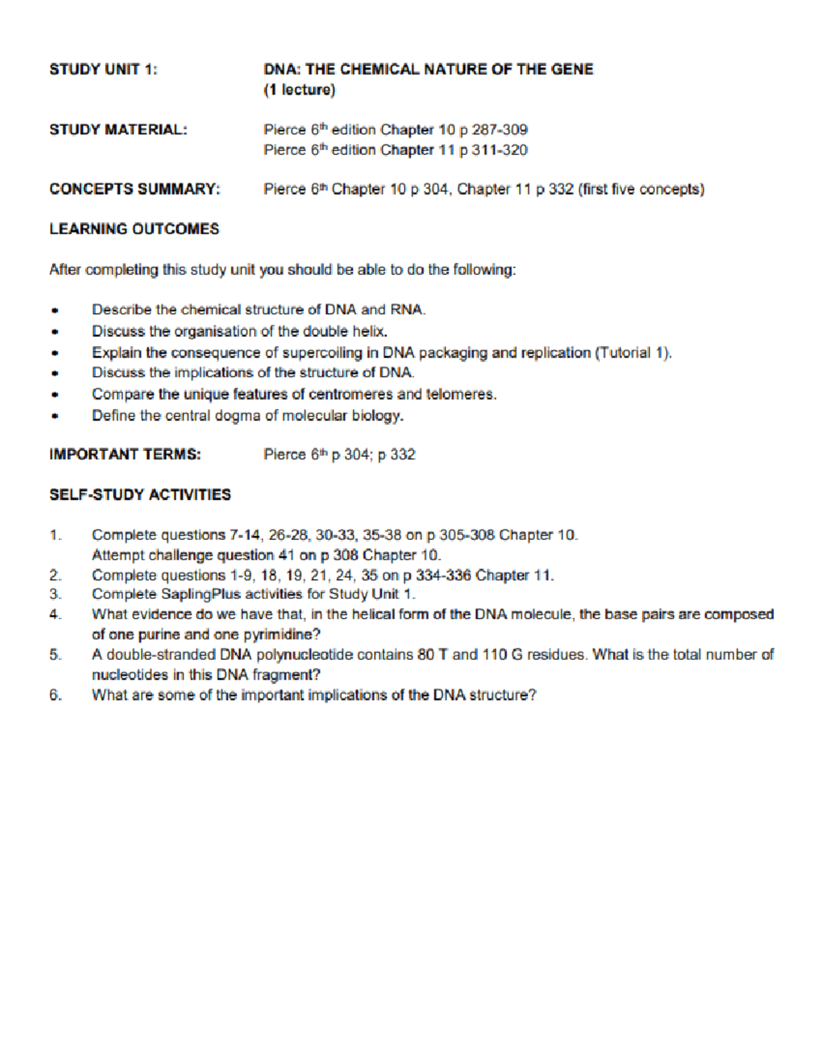 Study unit 1 summary - STUDY UNIT 1: DNA: THE CHEMICAL NATURE OF THE ...