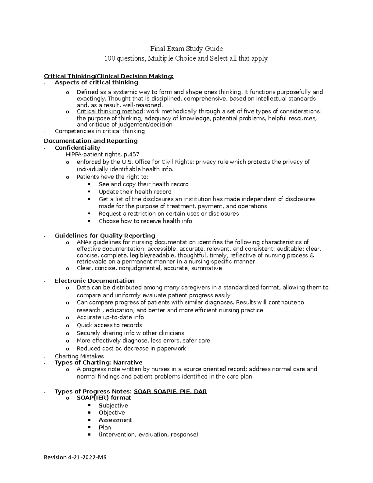 Nur229 final study guide - Final Exam Study Guide 100 questions ...