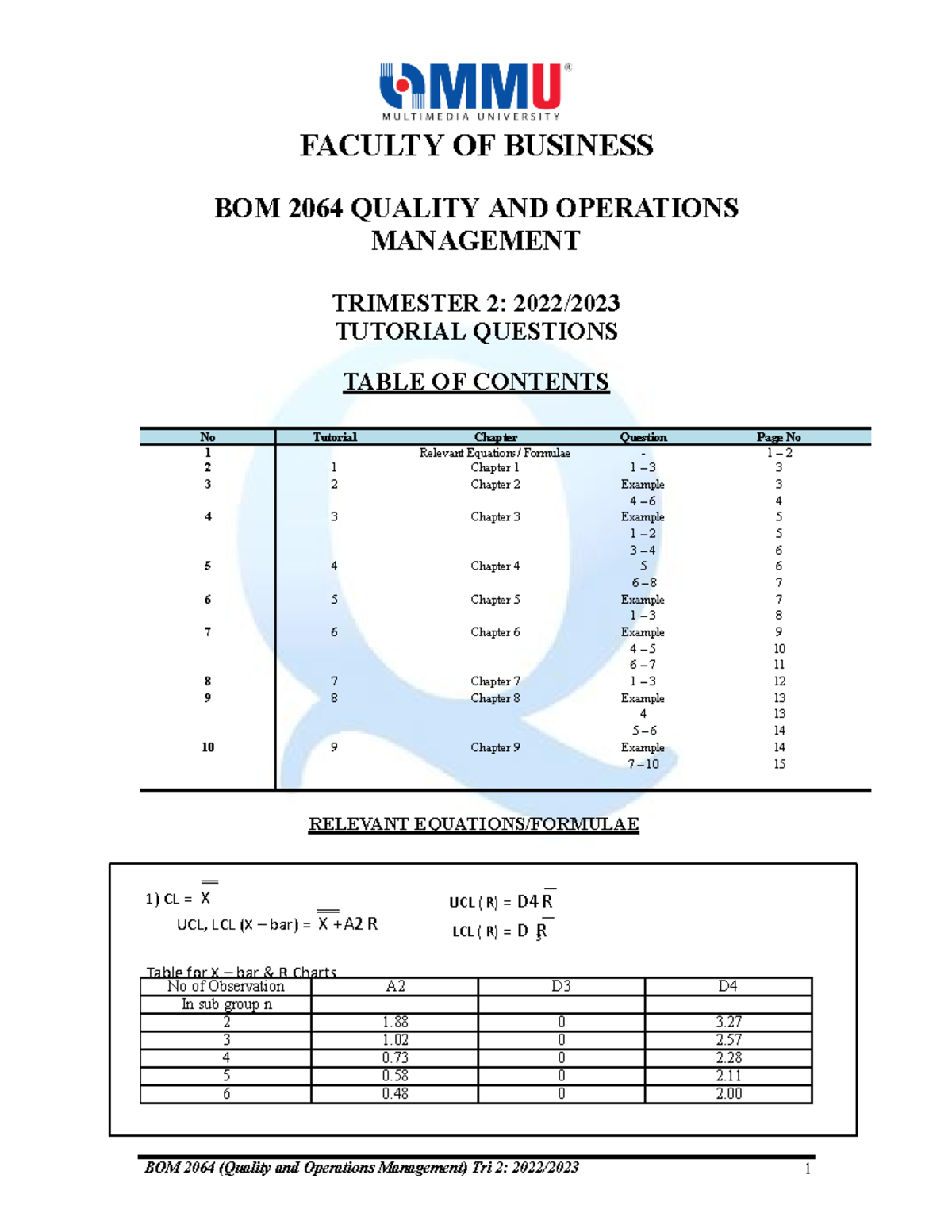 Tutorial Questions Tri 2 20222023 - BOM 2064 (Quality and Operations Management) Tri 2: 2022 ...