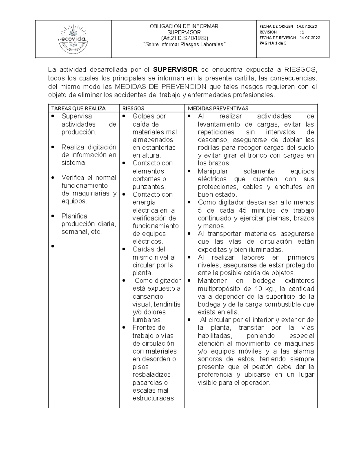 ODI Supervisor - DSAD - OBLIGACION DE INFORMAR SUPERVISOR (Art D.S/1969 ...