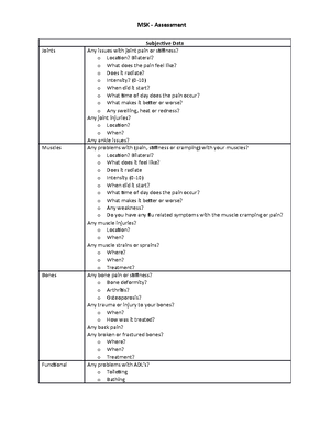 MSK Assessment template for patient assessment - Subjective Data Joints ...