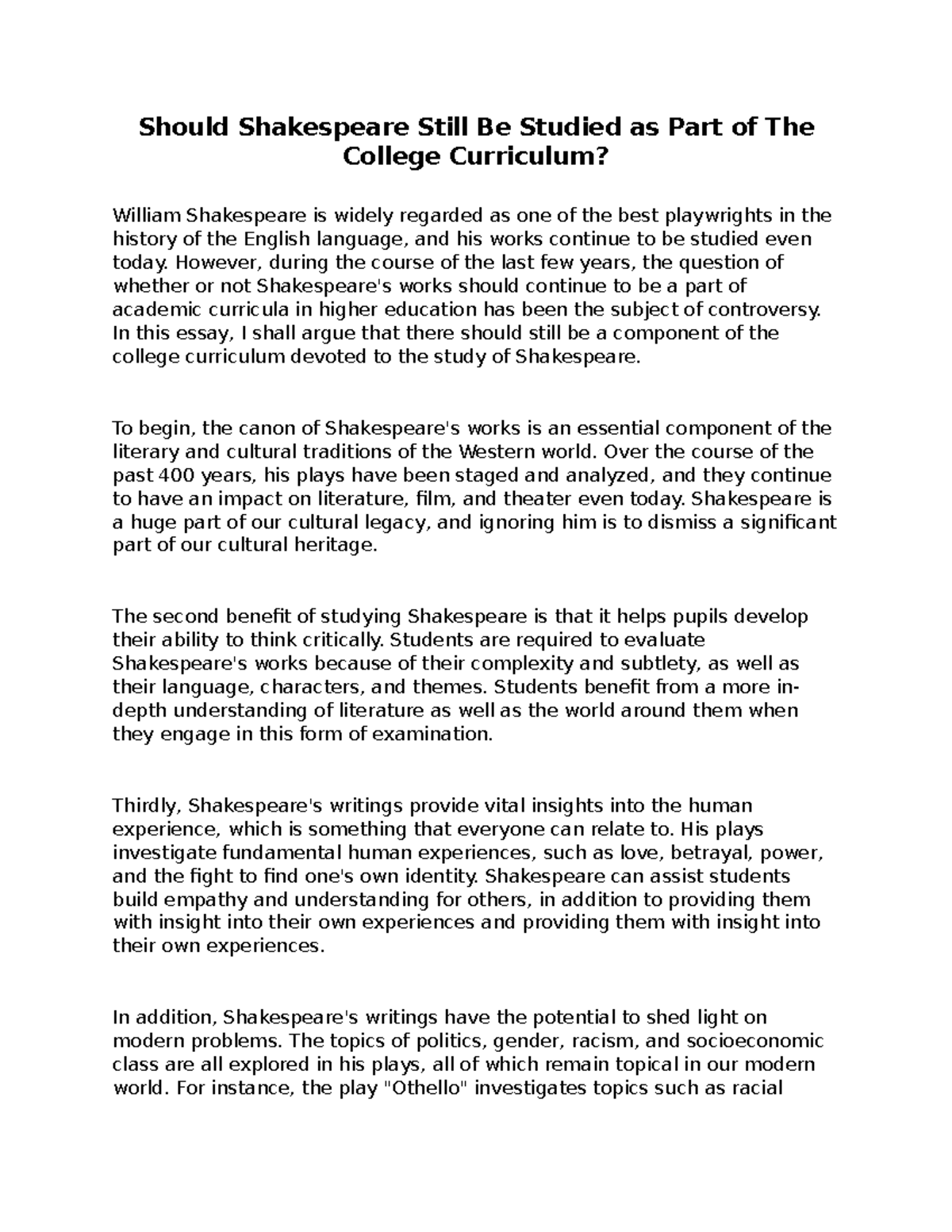 Should Shakespeare Still Be Studied as Part of The College Curriculum ...