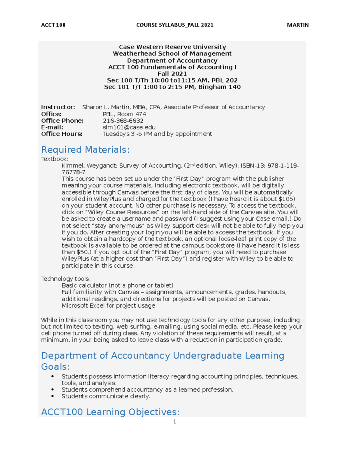 FA21 - ACCT100 - Foundations of accounting - ACCT 100 COURSE SYLLABUS ...