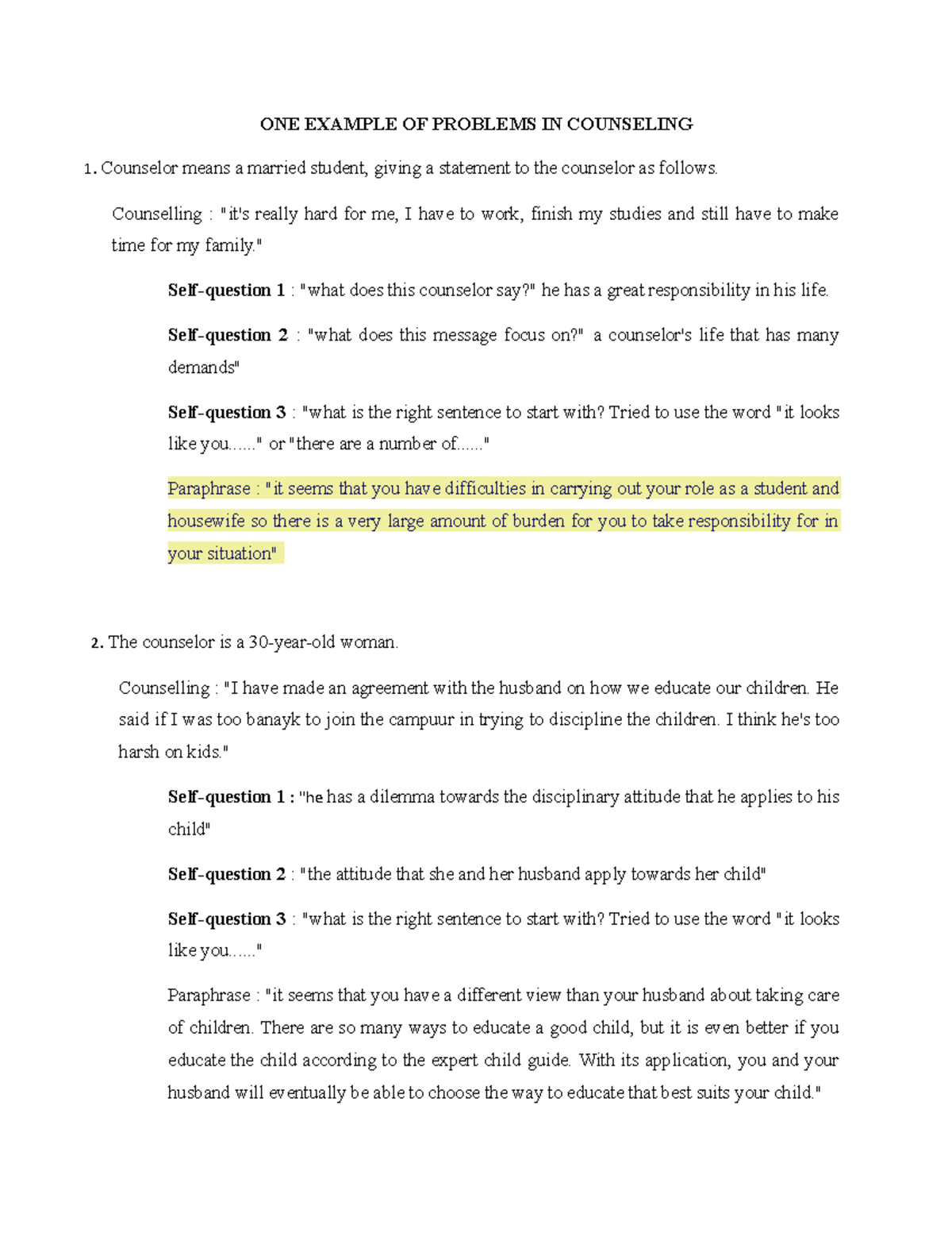 ONE Example OF Problems IN Counseling - ONE EXAMPLE OF PROBLEMS IN ...