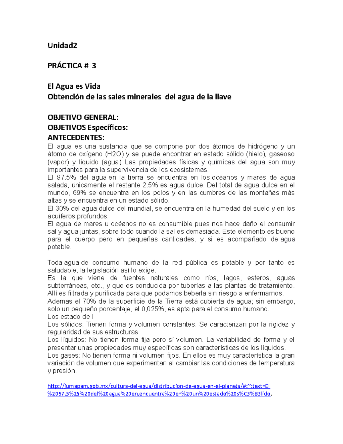 Unidad 2 - resumen - Unidad PRÁCTICA # 3 El Agua es Vida Obtención de ...