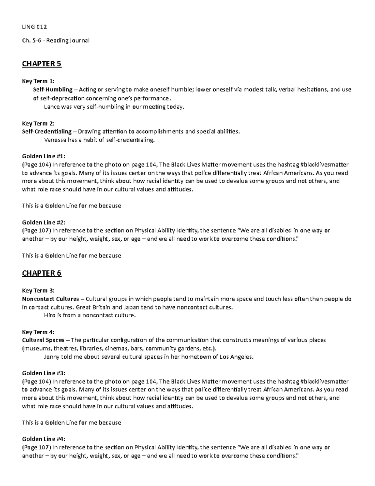 Journal Chapter 4 - Key Terms & Golden Lines - LING 012 Ch. 5-6 ...