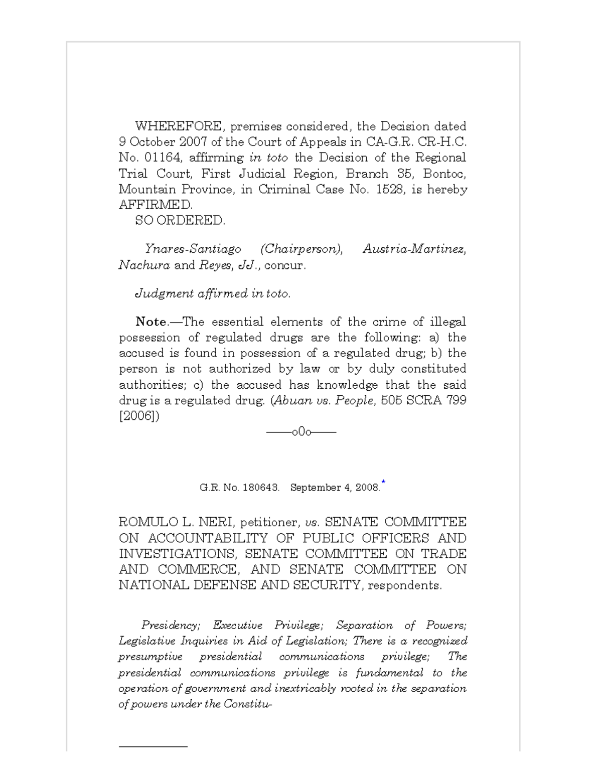 Romulo L. Neri vs. Senate Commitee. on Accountability, G.R. No. 180643 ...