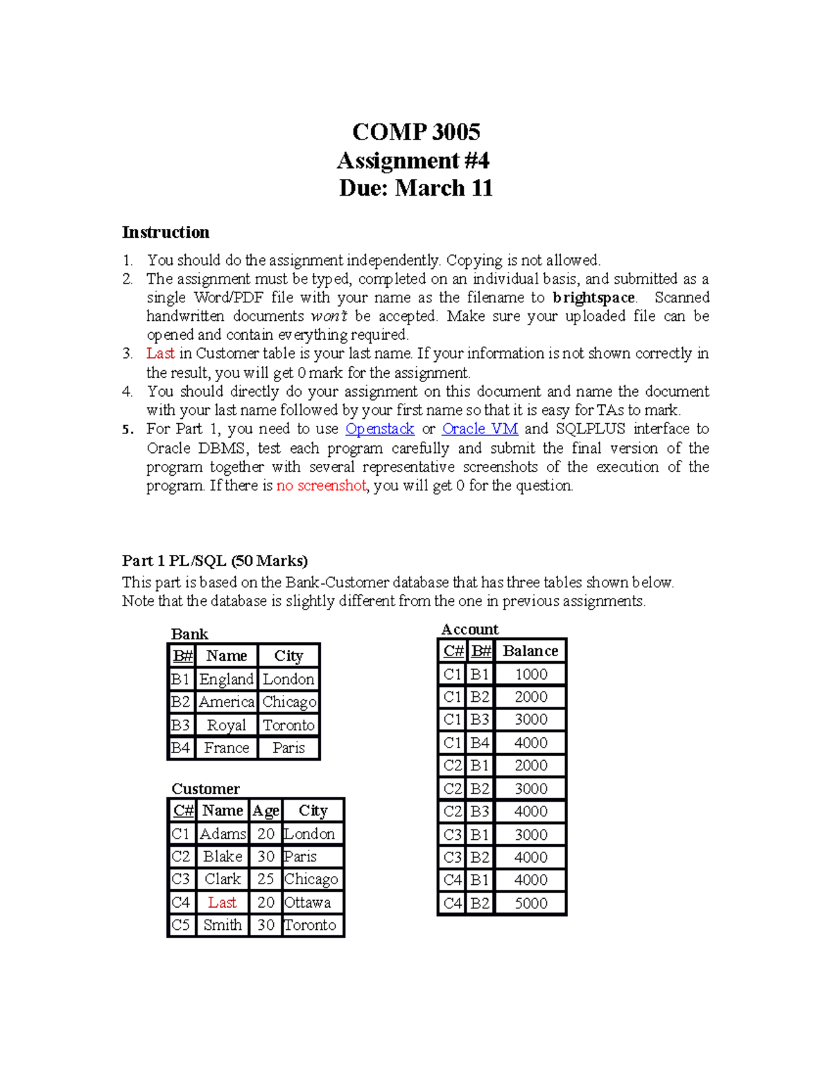 23W-AS4 solution - COMP 3005 Assignment Due: March 11 Instruction You ...