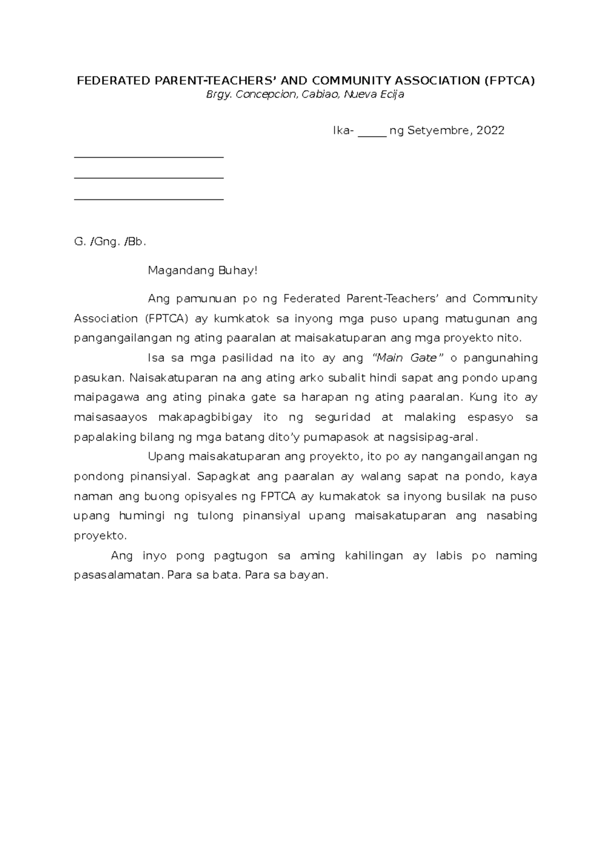 Fptca-solicitation-letter - FEDERATED PARENT-TEACHERS’ AND COMMUNITY ...