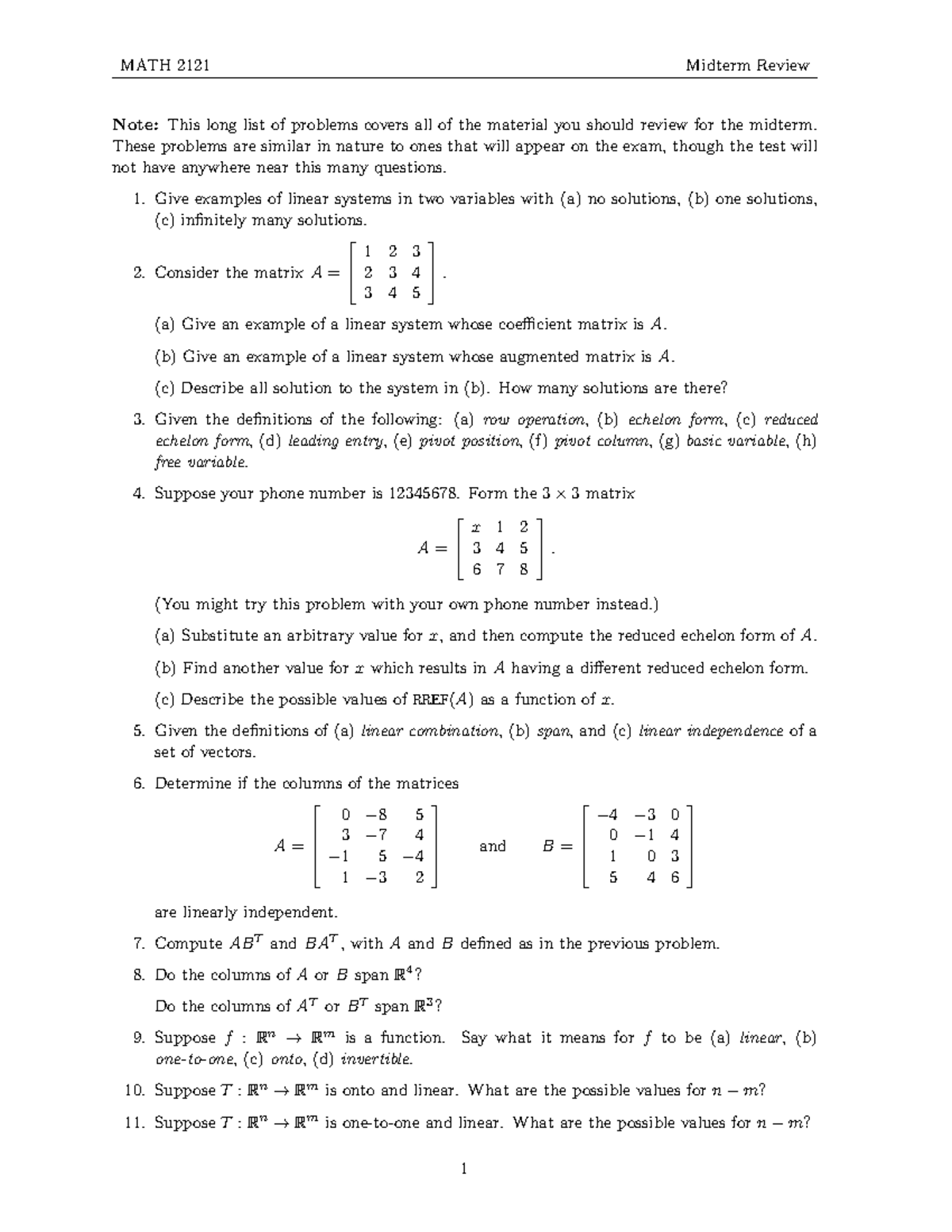 Midterm Review Math2121 - MATH 2121 Midterm Review Note: This long list ...