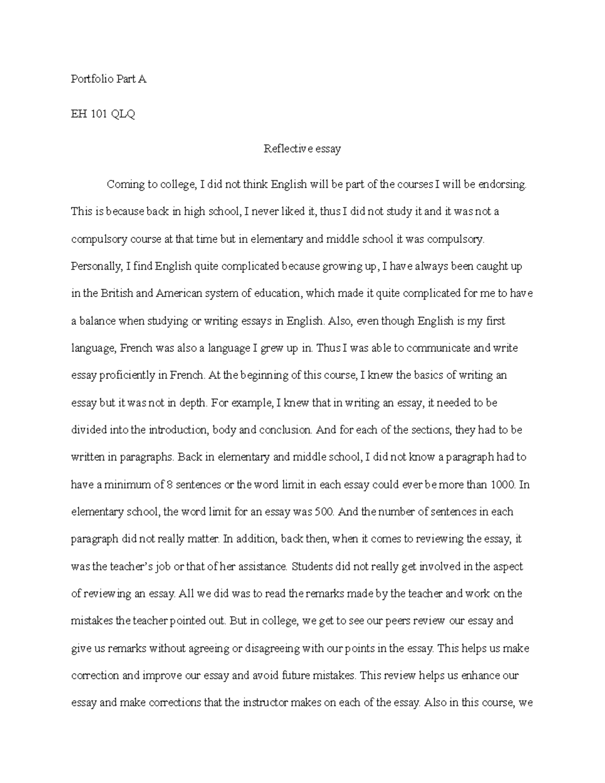Part A Reflective Essay EH 101 English Composition I UAB StuDocu