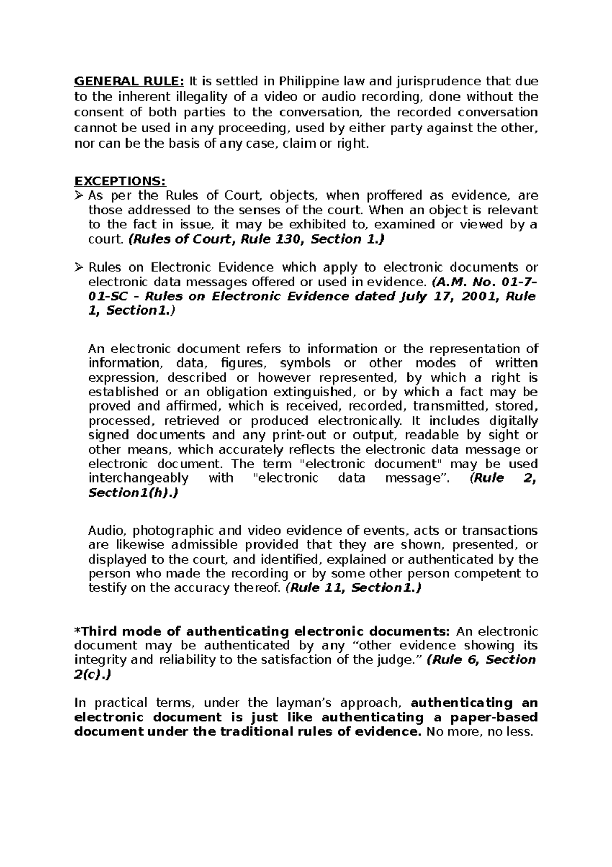 Rules In Electronic Evidence GENERAL RULE It Is Settled In