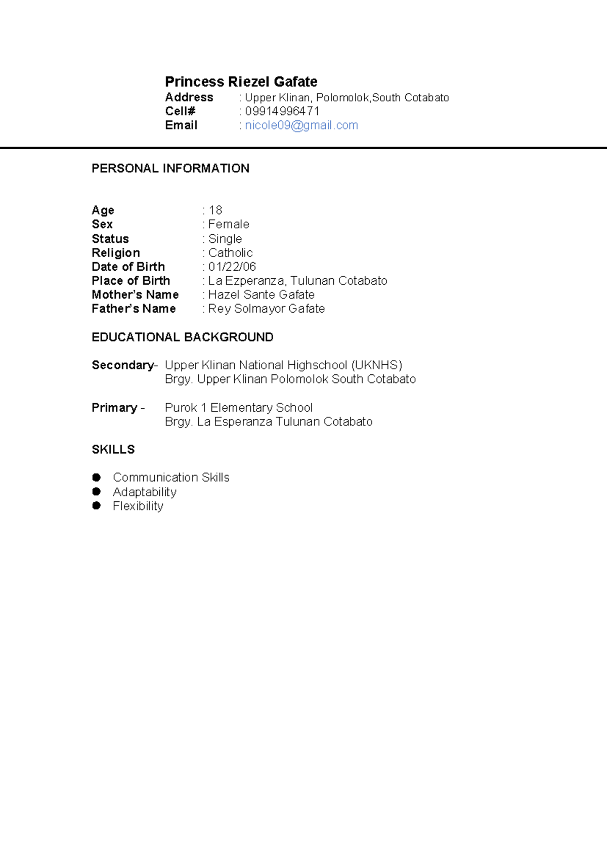 Resume - Princess Riezel Gafate - Princess Riezel Gafate Address ...