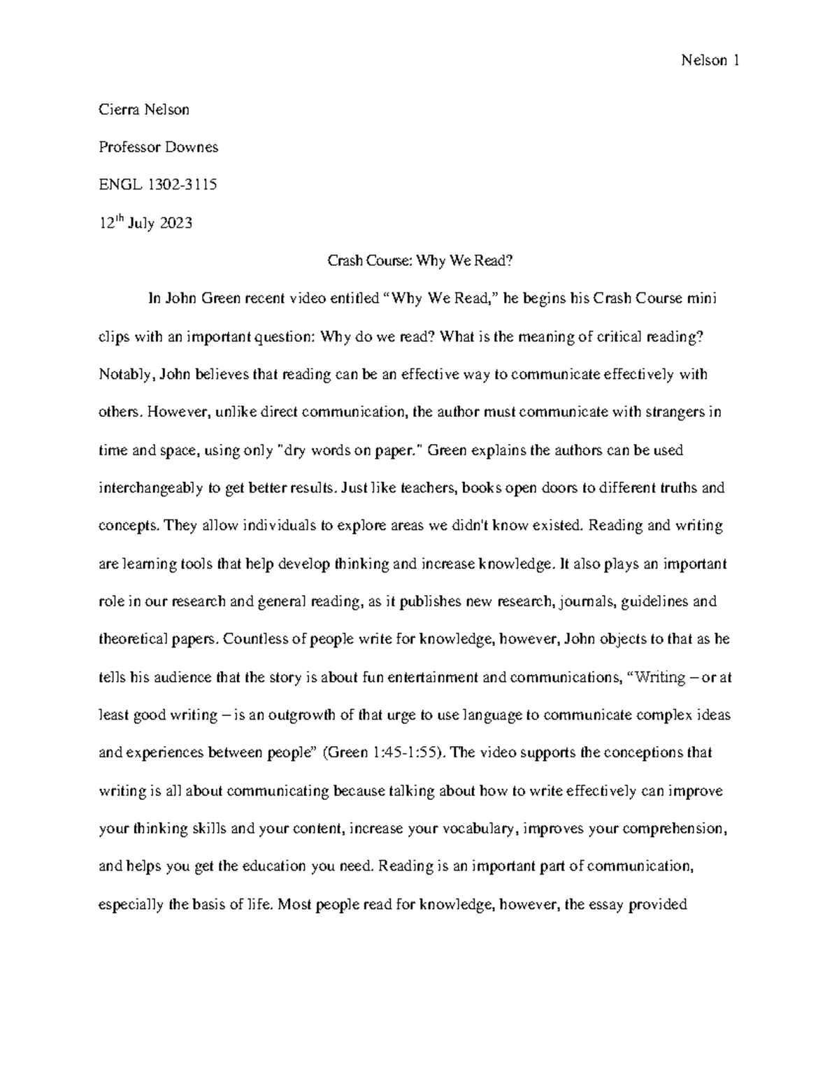 Diagnostic Writing - Nelson 1 Cierra Nelson Professor Downes ENGL 1302 ...