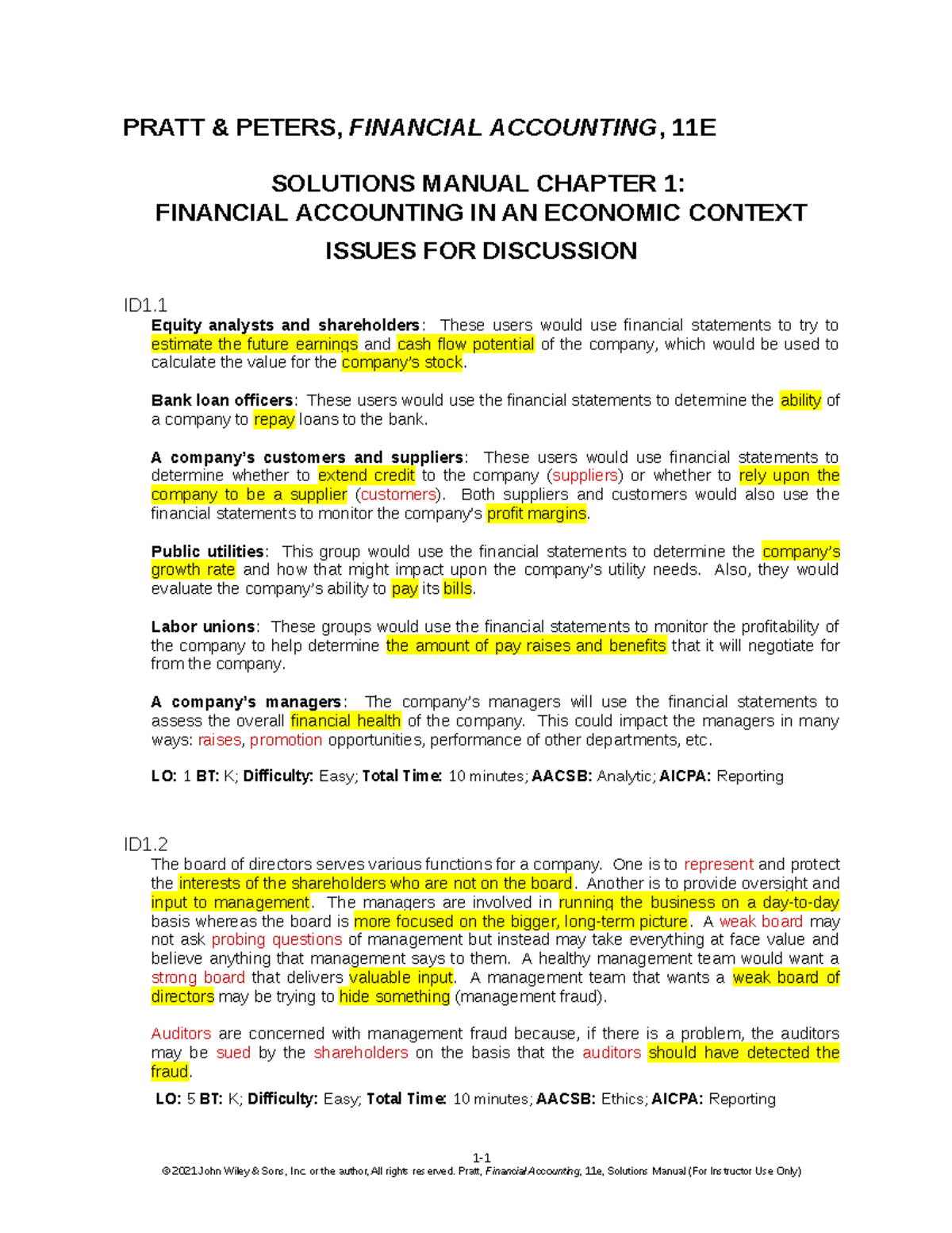 Ch01 - Description of the chapter questions - PRATT & PETERS, FINANCIAL ...
