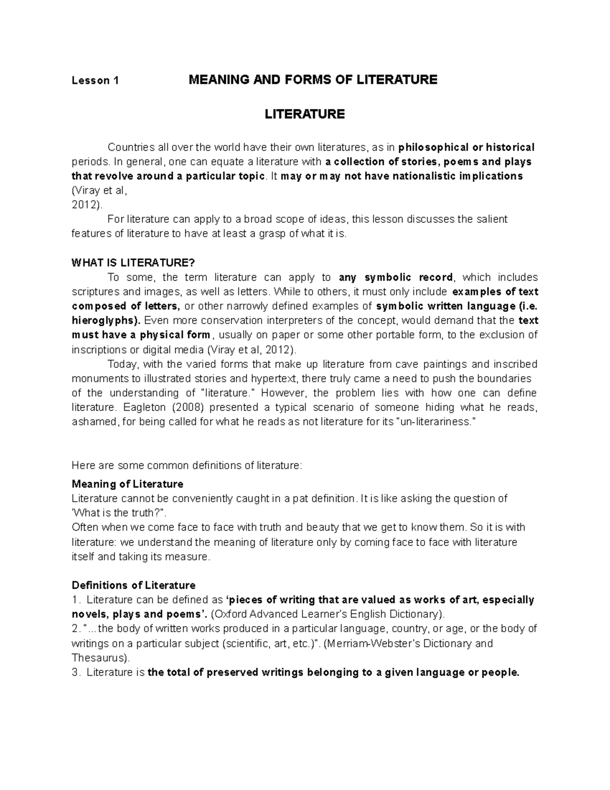 Prelim World Lit notes - Lesson 1 MEANING AND FORMS OF LITERATURE ...