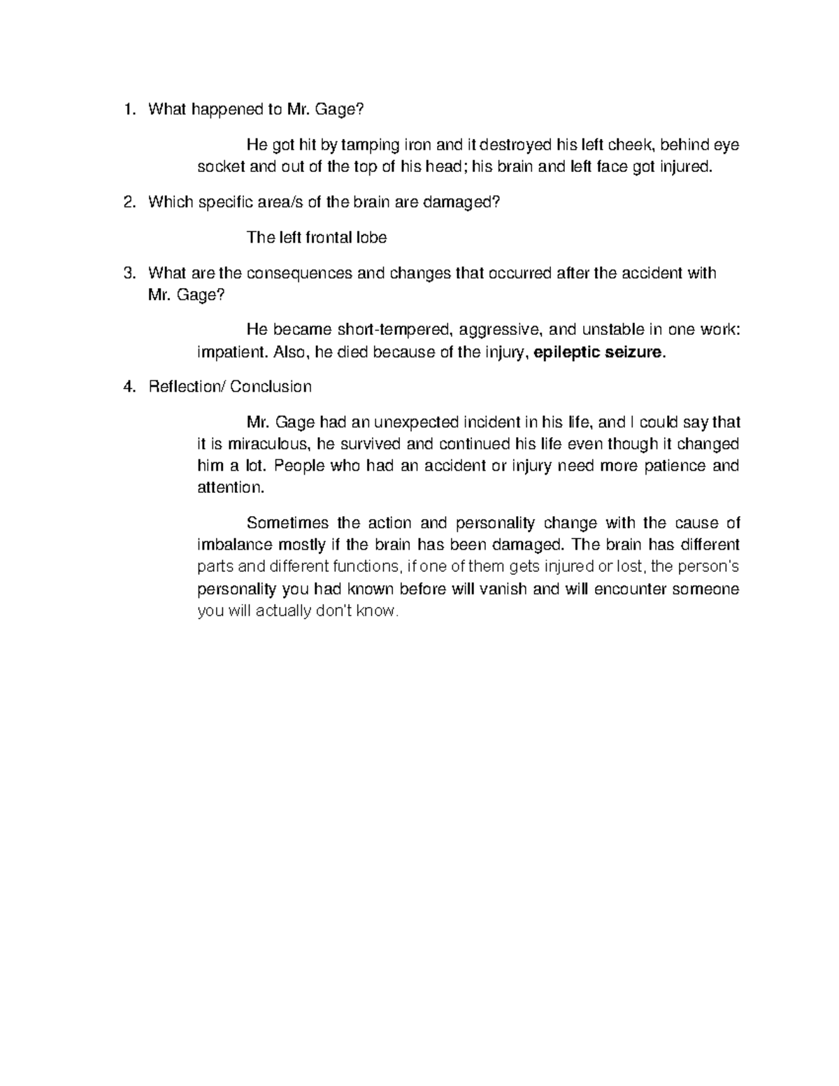Mr. Phineas Gage (BIO Psychology) - BS Psychology - Studocu
