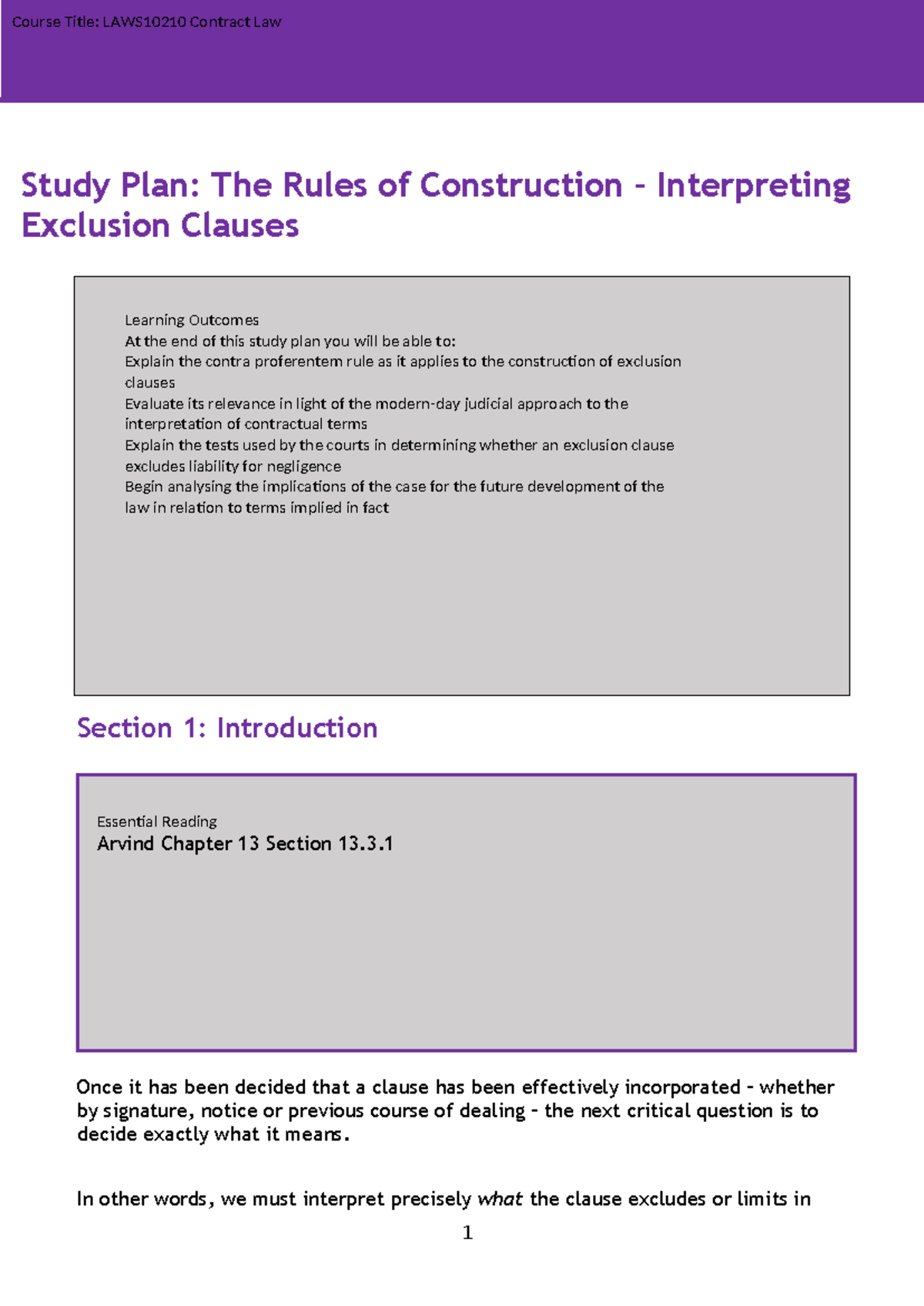 Study Plan - Exclusion Clauses and the Rules of Construction - Study ...