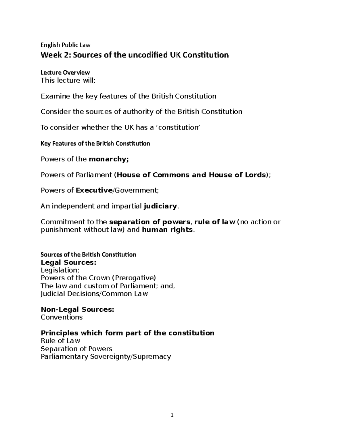 Week 2 Sources of the uncodified UK Constitution - Commitment to the ...
