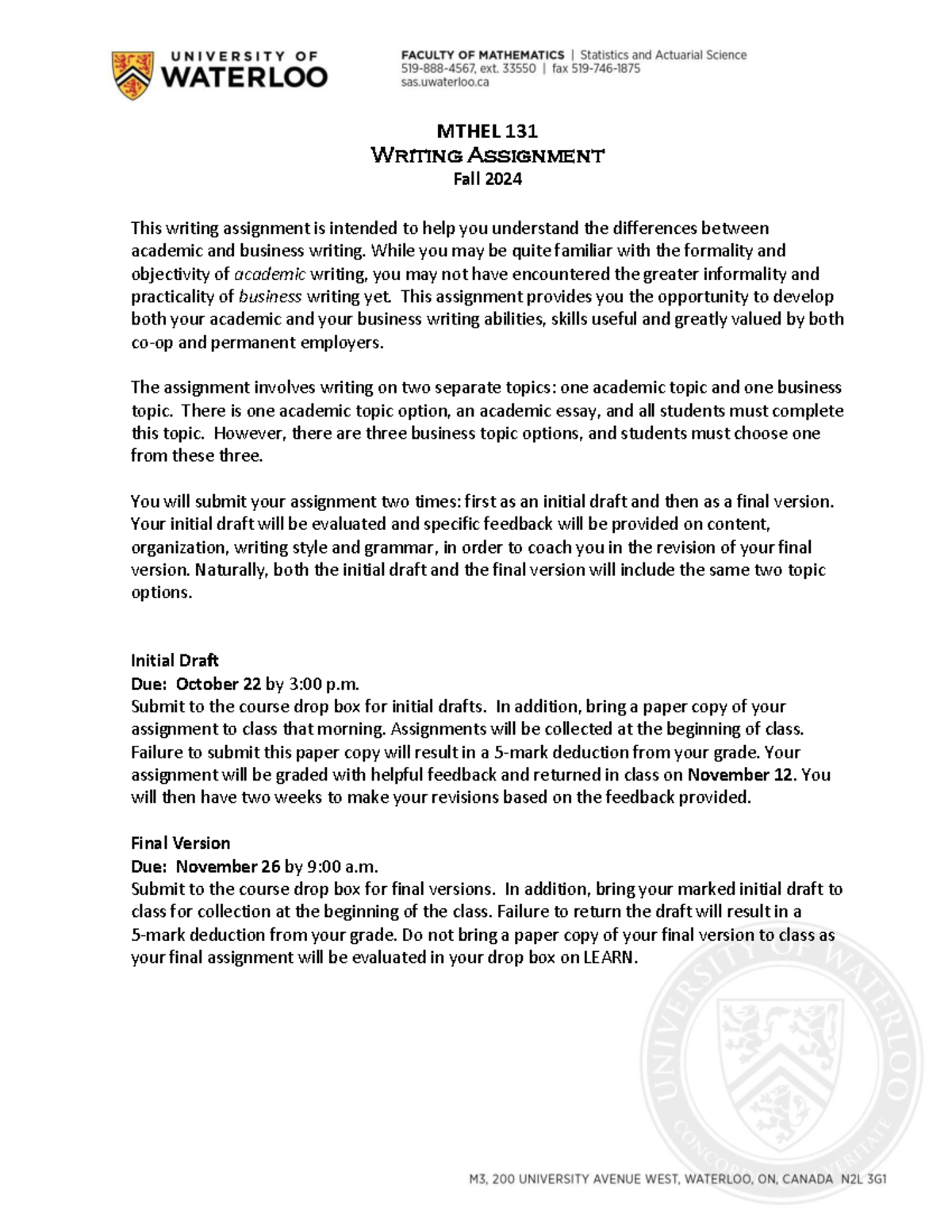 WA Instructions Fall 2024 - MTHEL 131 Writing Assignment Fall 2024 This ...