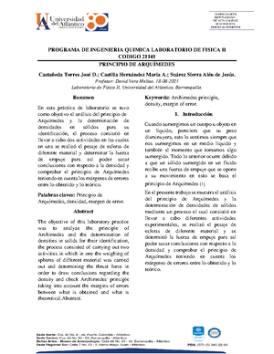 Informe DE LAB. Principio DE Pascal - PROGRAMA DE INGENIERIA QUIMICA LABORATORIO DE FISICA II ...