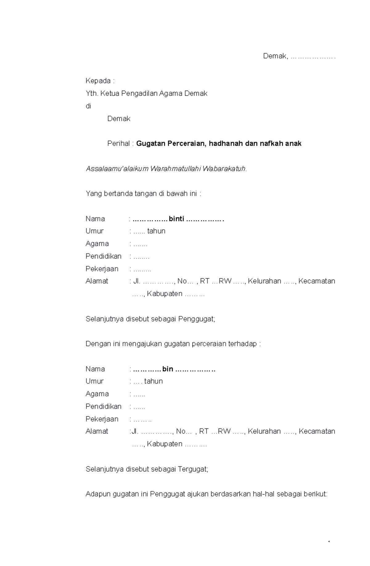 Contoh Gugatan Cerai Gugat, Hadhanah DAN Nafkah ANAK - Demak ...
