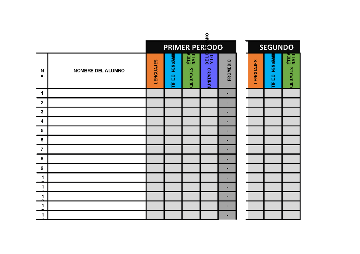 Primaria - HOJA DE EVALUACION POR CAMPOS - PRIMER PERIODO E N o. NOMBRE ...