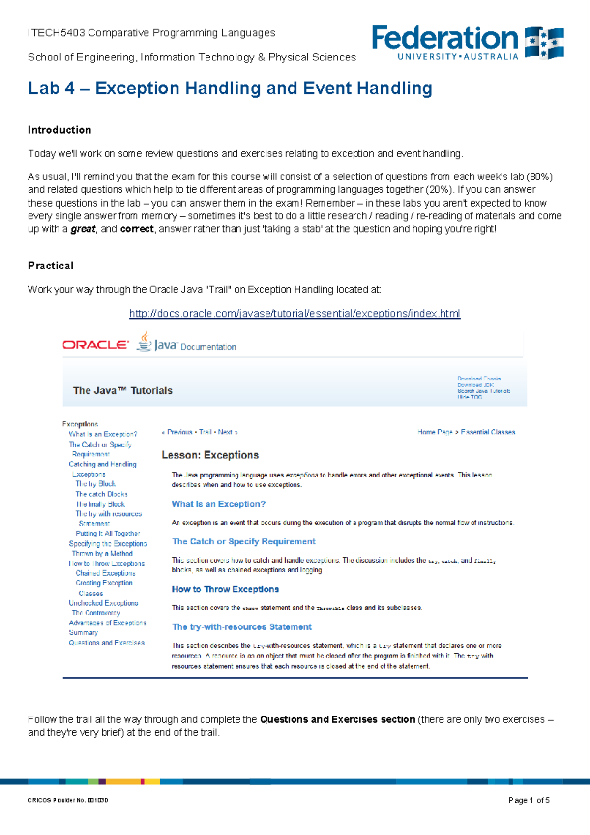 Lab 04 - Exception Handling and Event Handling [Answers] - School of Engineering, Information ...