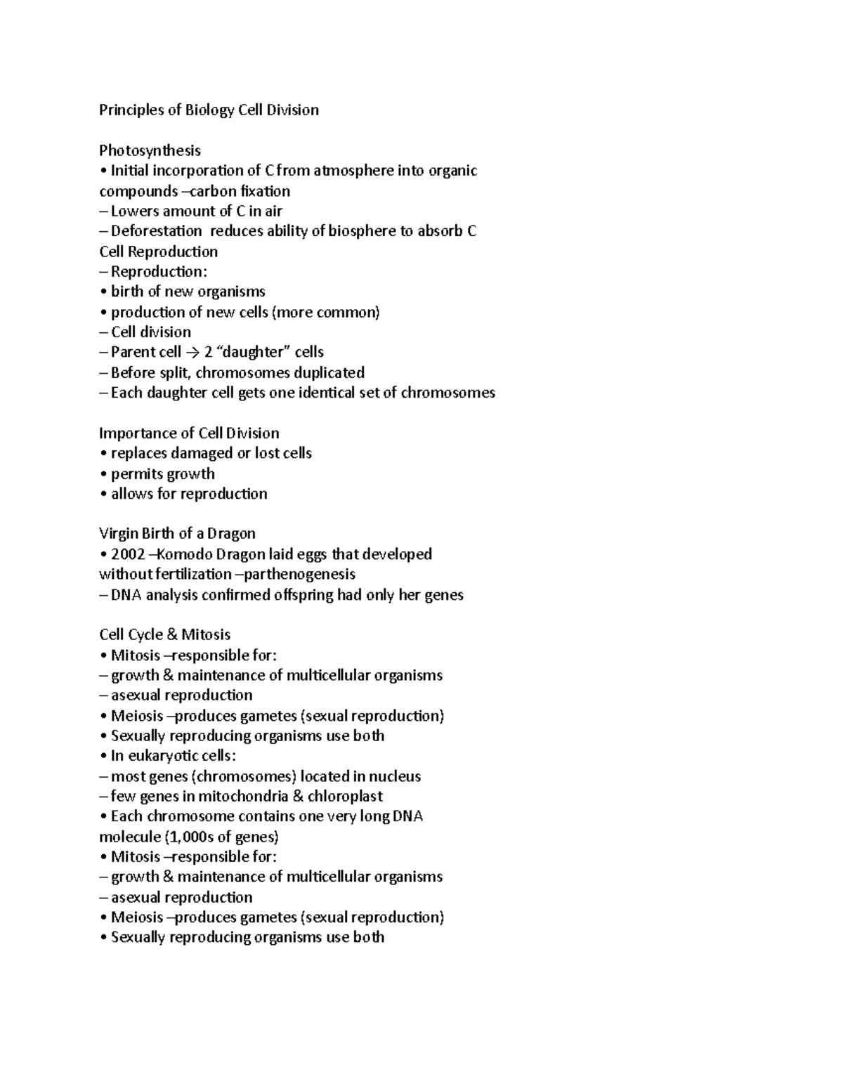 Principles of Biology Cell Division - Principles of Biology Cell ...