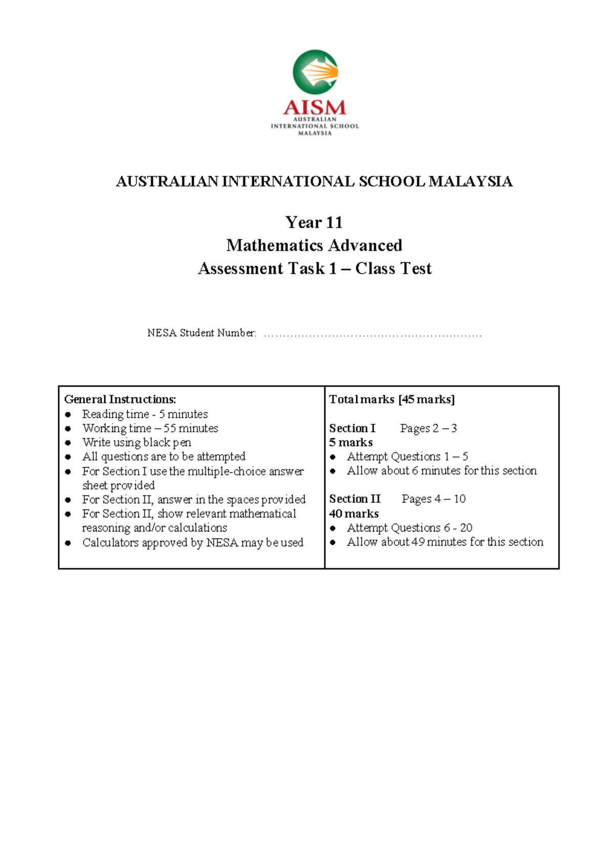 2020 Maths Advanced Test - AUSTRALIAN INTERNATIONAL SCHOOL MALAYSIA ...