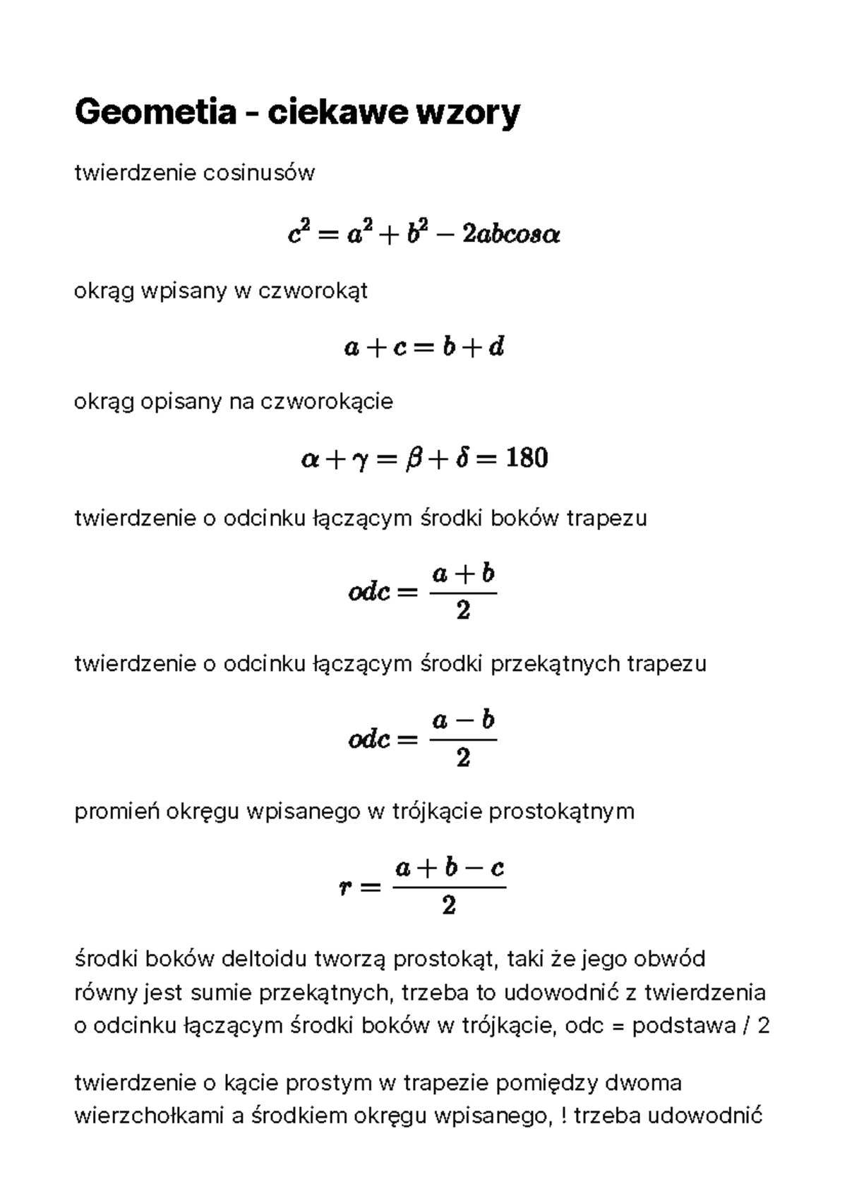 Geometia - ciekawe wzory - twierdzenie cosinusów c 2 = a 2 + b 2 − ...