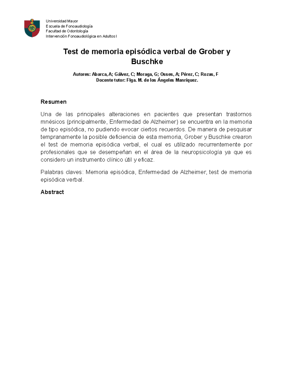 Test de memoria episódica verbal de Grober y Buschke - Resumen Una de ...