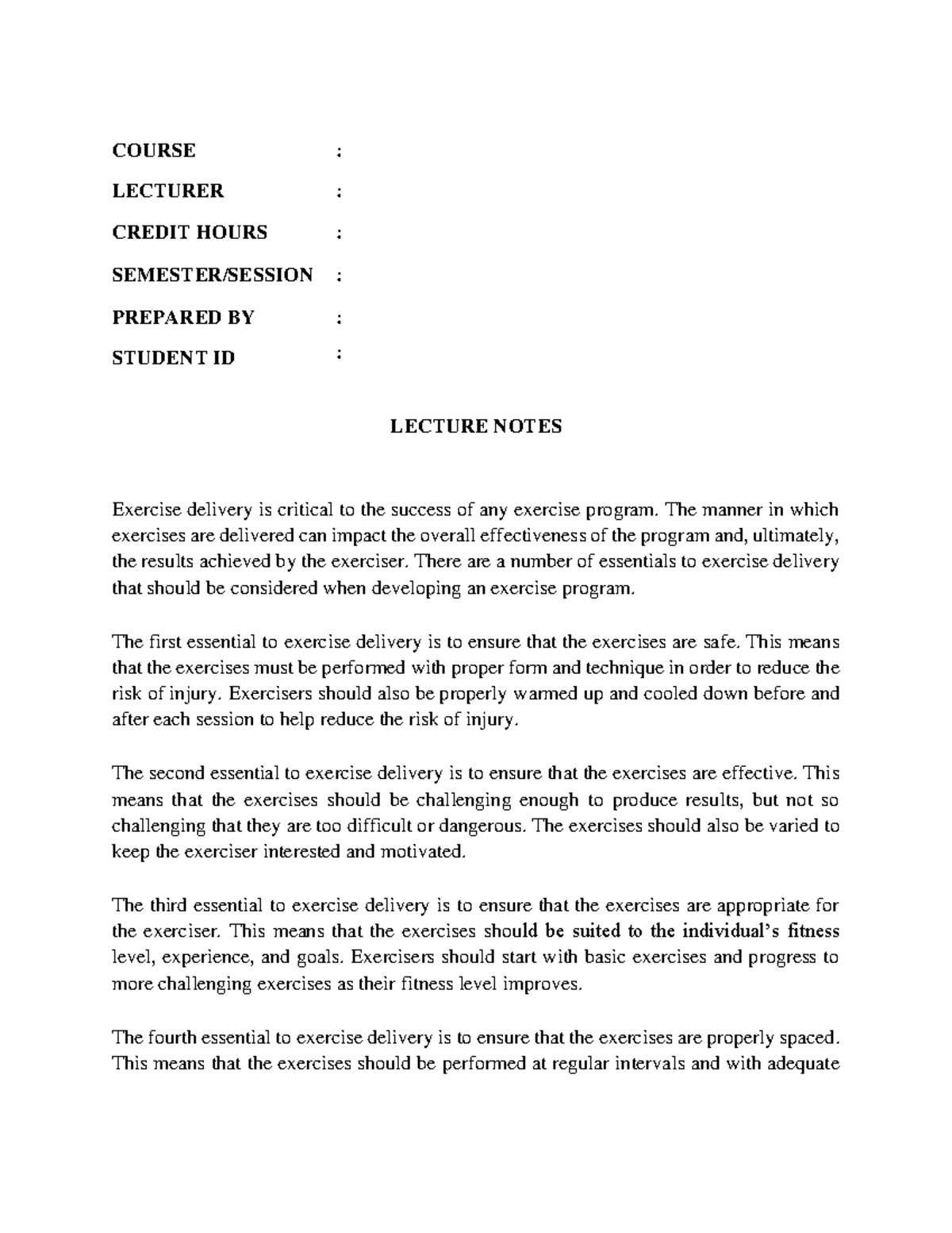 Essentials of Exercise Delivery Lecture Notes - COURSE : LECTURER ...