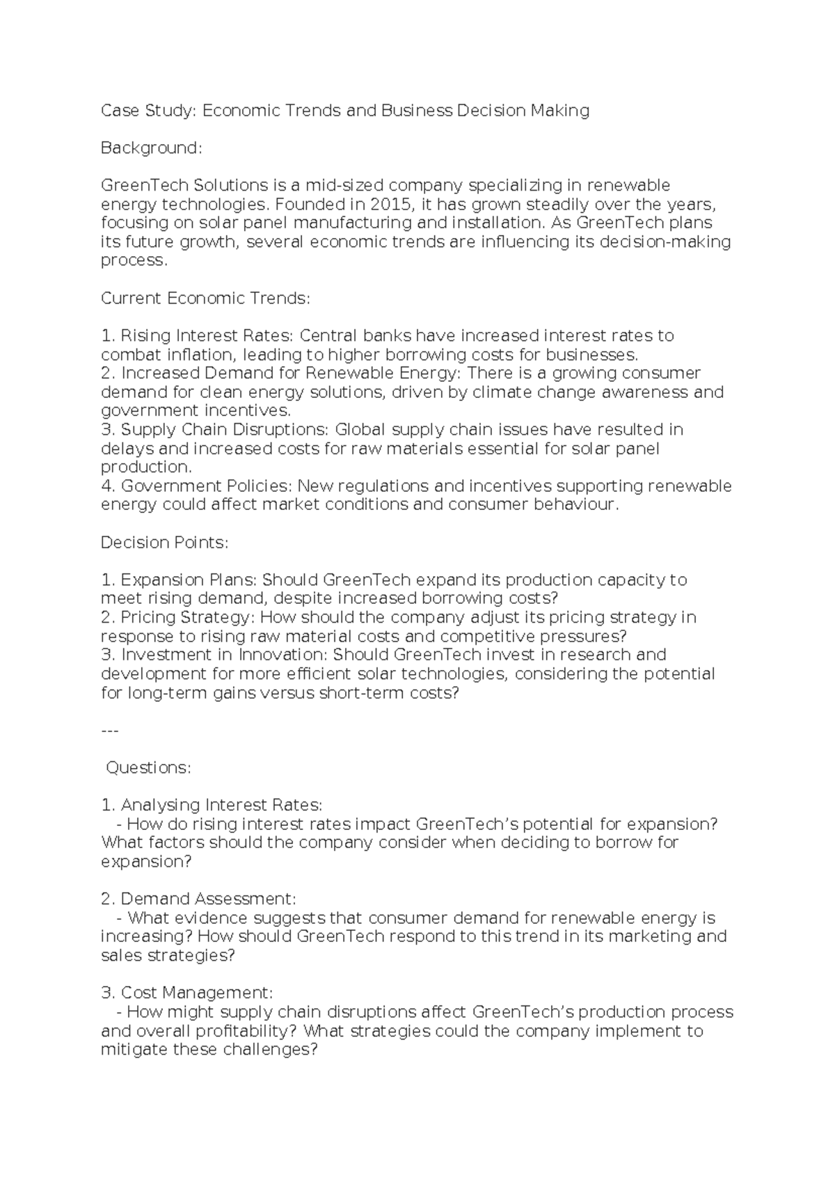 Economic Trends and Business Decision Making - Case Study: Economic ...