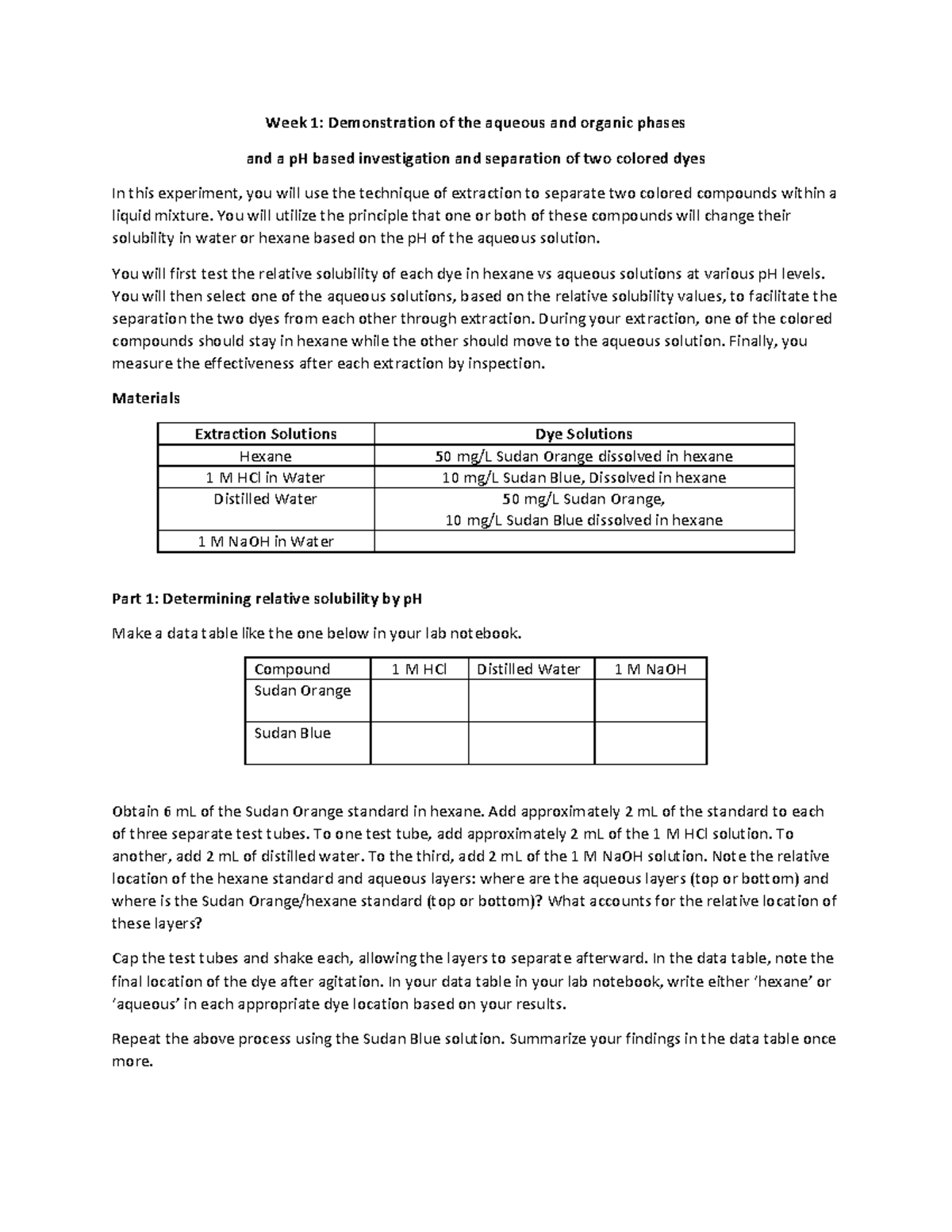 Acid-Base Liquid-Liquid Extraction Week 1 Prodedure - Week 1 ...