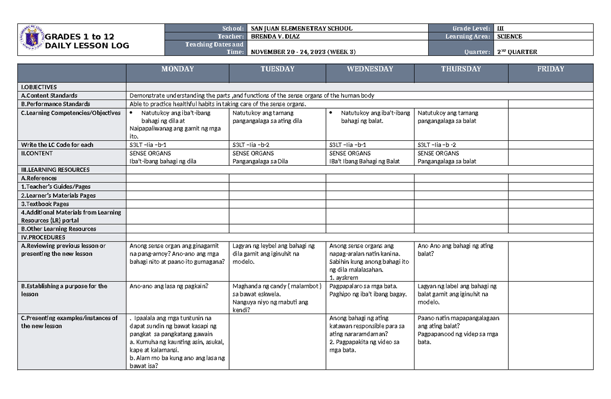 DLL Science 3 Q2 W3 - STUDY NOTES - GRADES 1 to 12 DAILY LESSON LOG ...