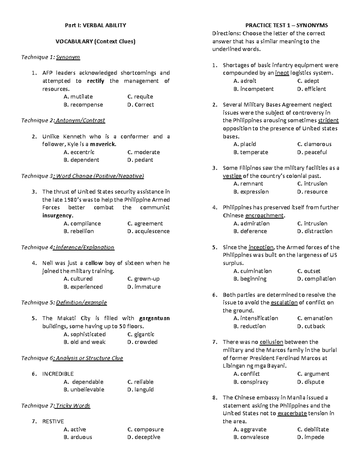 Pdfcoffee - Hgfhjk - Part I: VERBAL ABILITY VOCABULARY (Context Clues ...