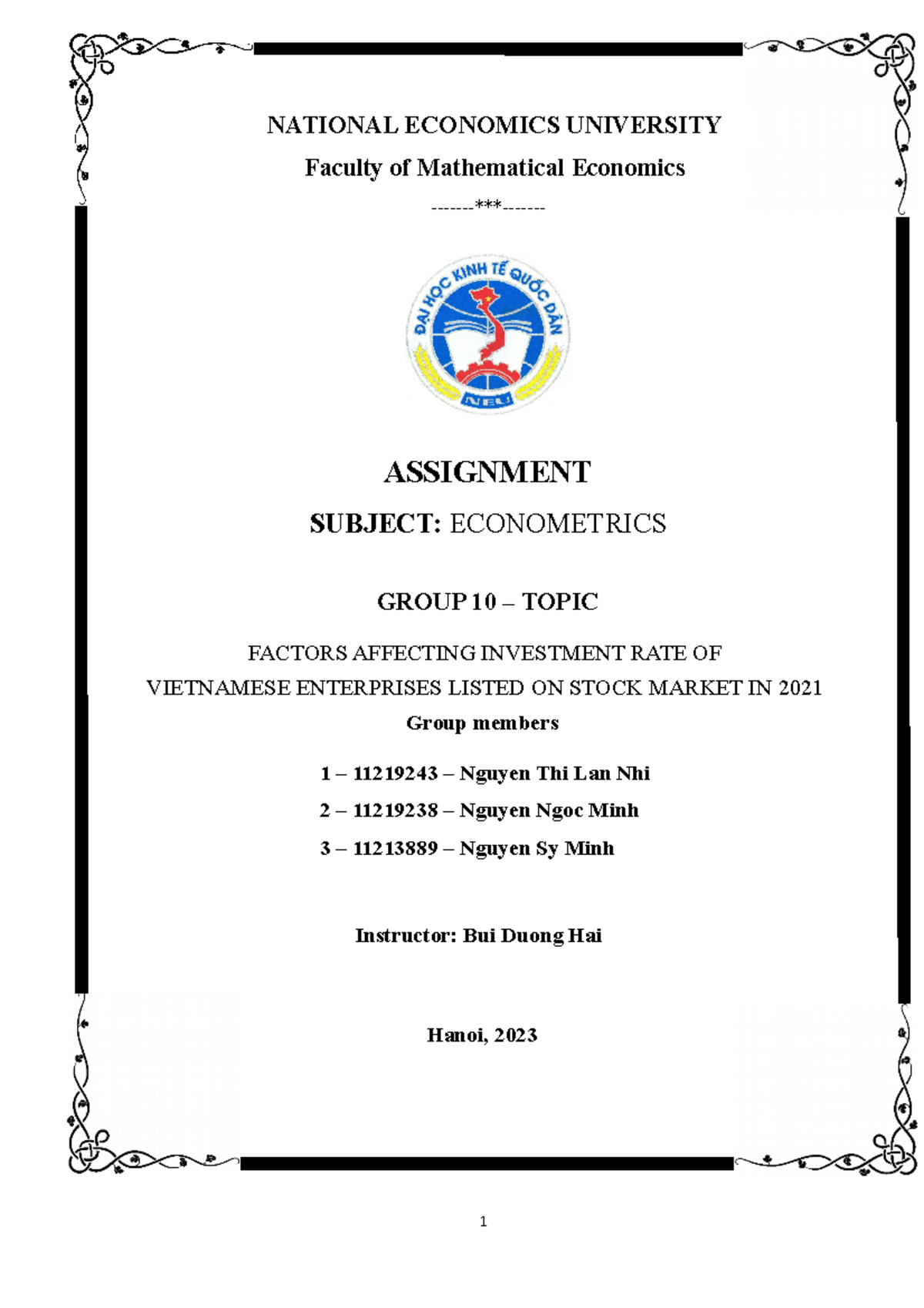 Final assignment - NATIONAL ECONOMICS UNIVERSITY Faculty of ...