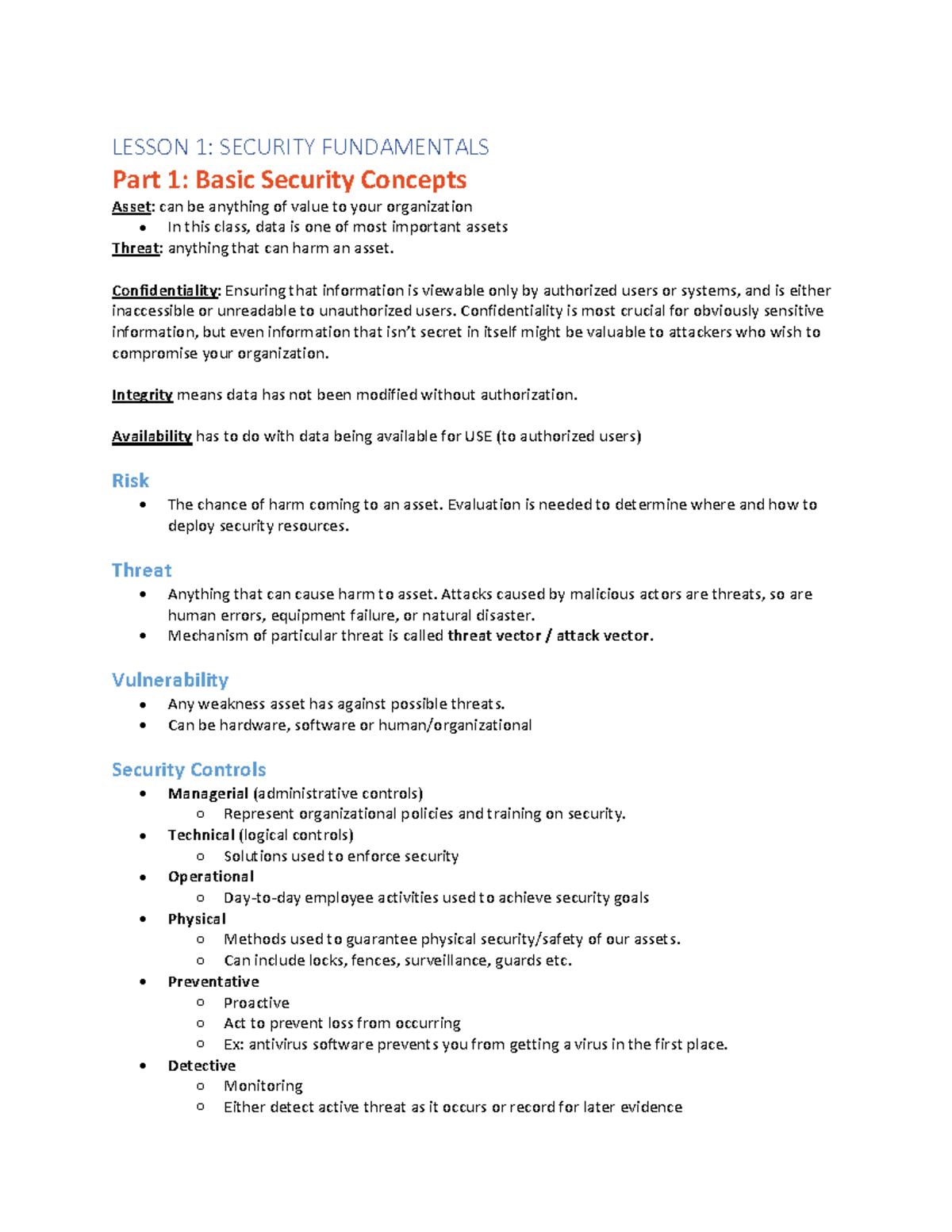 440 Final - LESSON 1: SECURITY FUNDAMENTALS Part 1: Basic Security Concepts Asset : can be ...