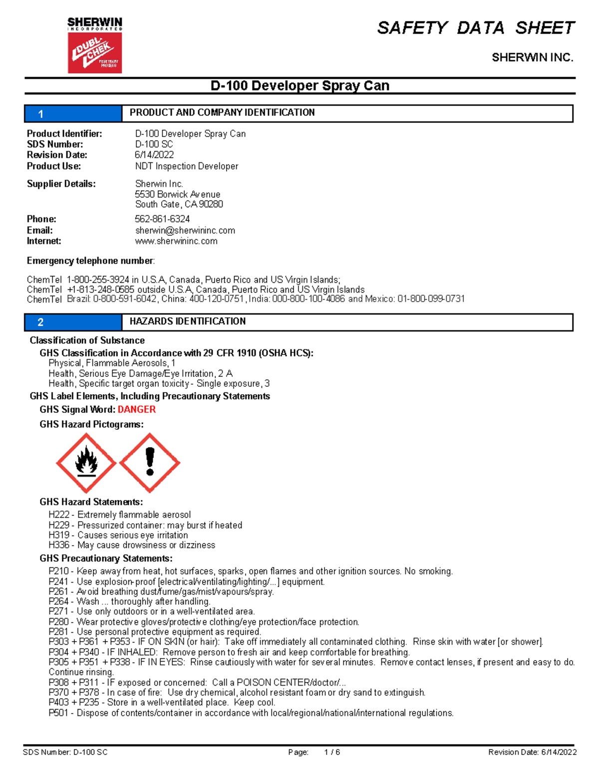 D-100 SC - hojas de seguridad - D-100 Developer Spray Can SHERWIN INC ...