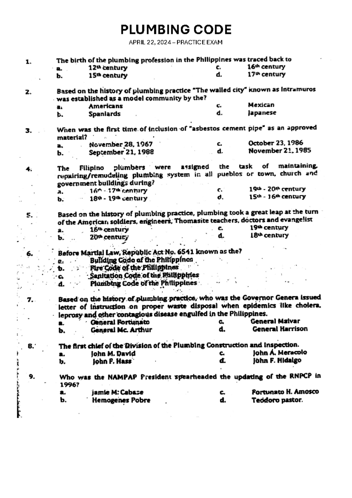Plumbing Code - Practice Exam Set A - Structures for Architects I - Studocu