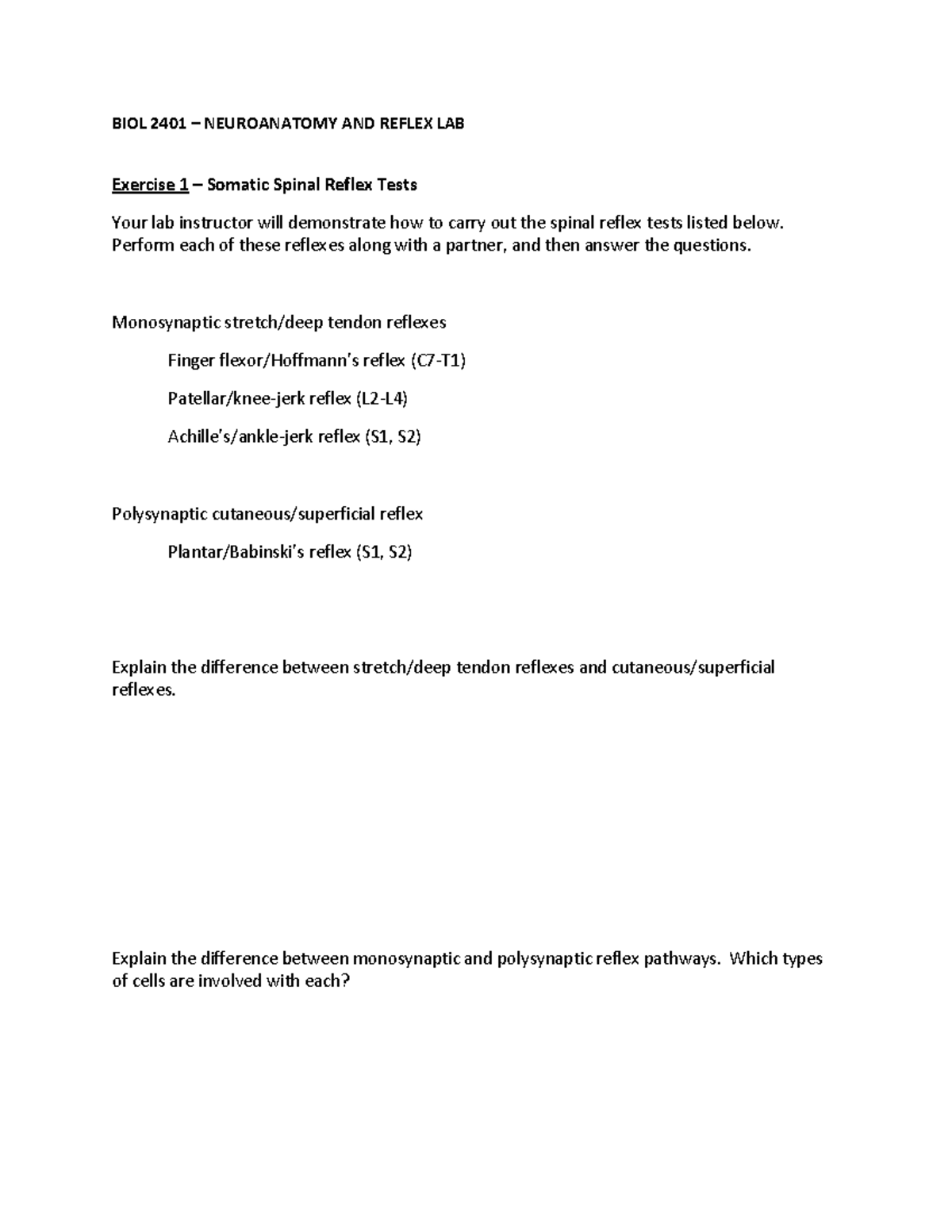 Lab 9 neuroanatomy and reflex - BIOL 2401 – NEUROANATOMY AND REFLEX LAB ...