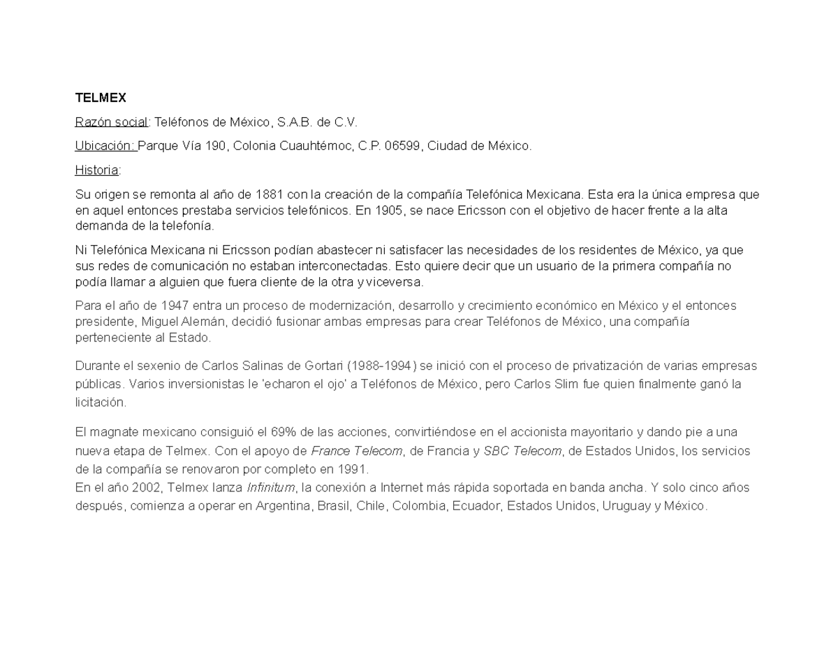 Telmex - TELMEX Razón social: Teléfonos de México, S.A. de C. Ubicación ...
