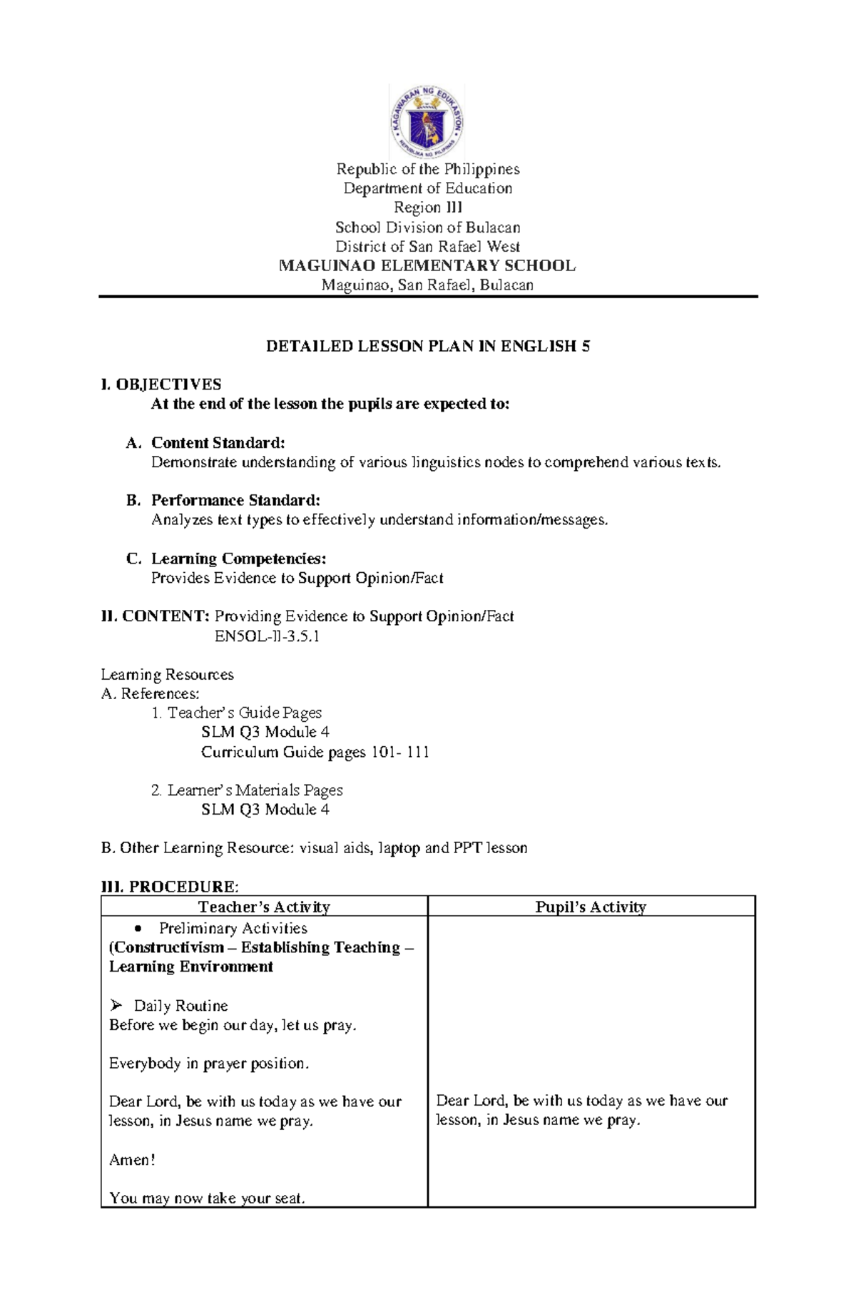 F2F Demonstration English 5 Module Based - Republic of the Philippines ...