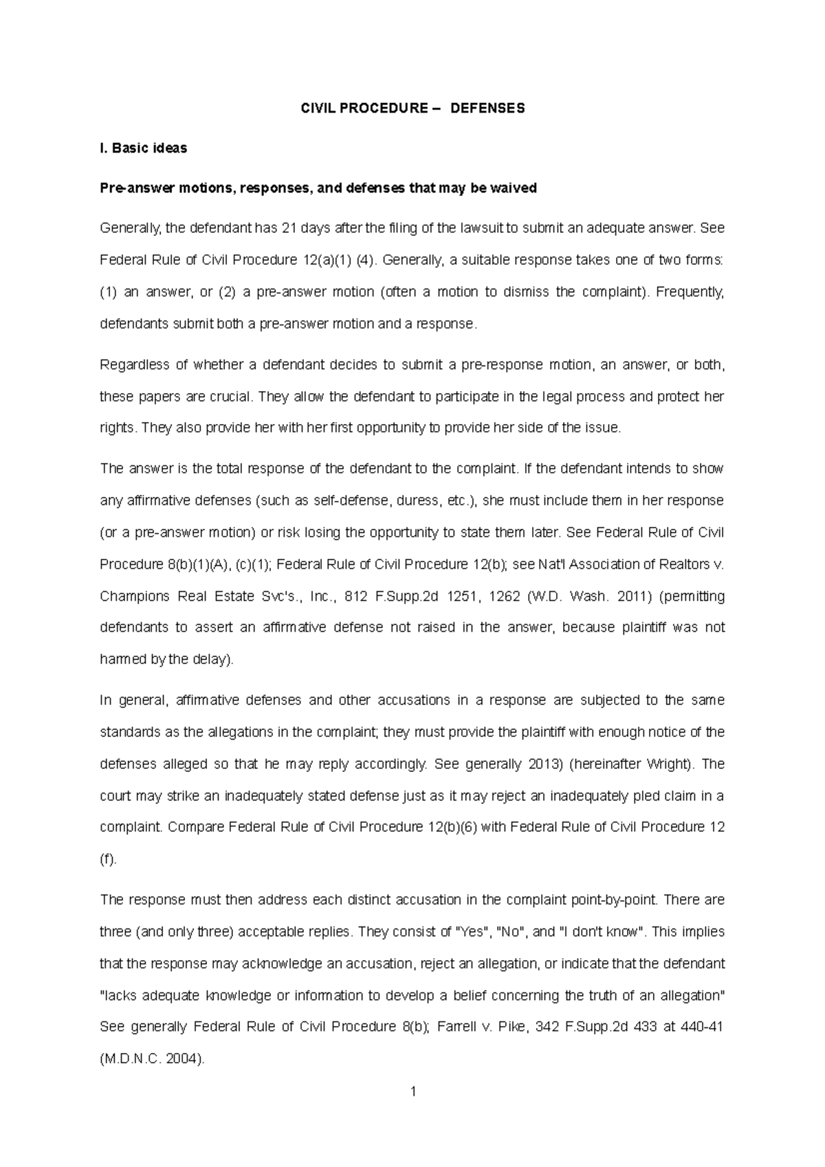 Civil Procedure Answers (PRE-TRIAL MOTIONS + ANSWER) - LECTURE NOTES ...