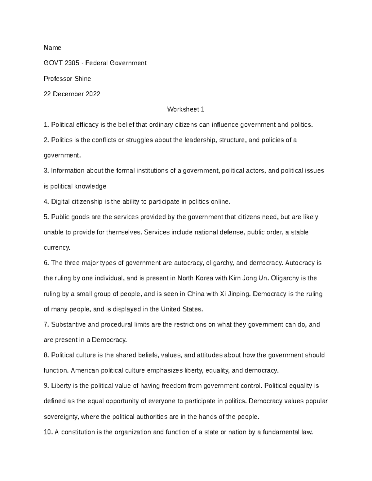 GOVT ws 1 - Google Docs - Professor Shine assigned these questions as ...