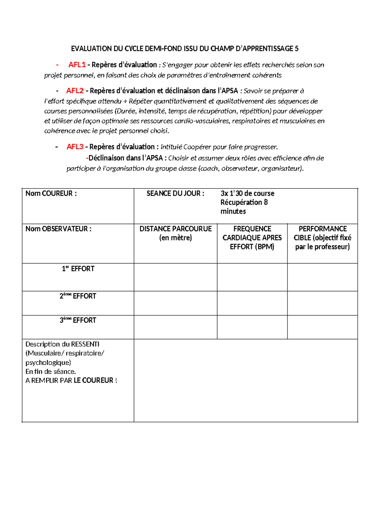 Fiche eval demi fond 210 - EVALUATION DU CYCLE DEMI-FOND ISSU DU CHAMP ...