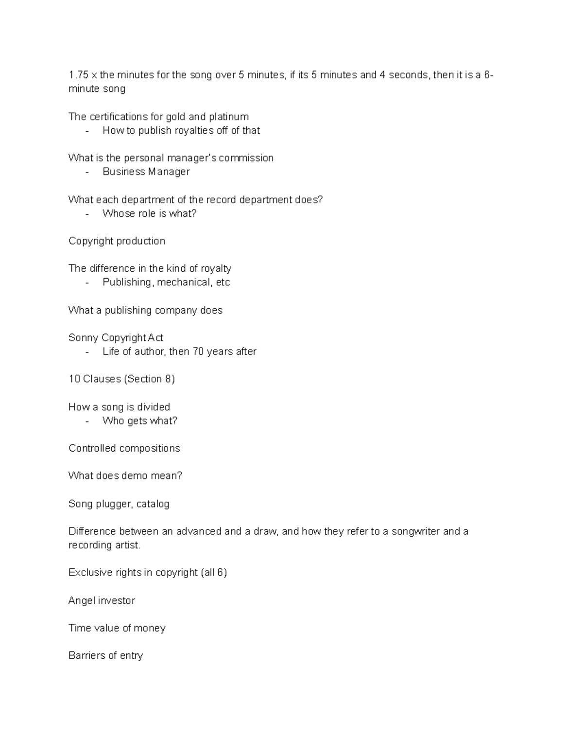 Music Business Final Review - 1 x the minutes for the song over 5 ...