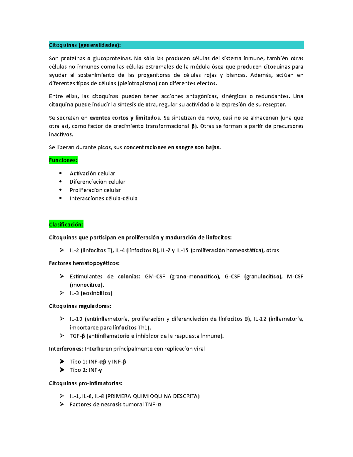 9. Citoquinas ( Generalidades) - Citoquinas (generalidades): Son ...